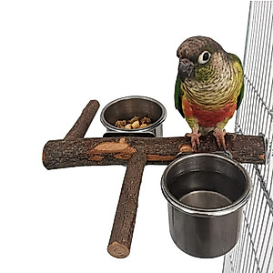 Bird Feeding Bowl Bird Feeding Dish Cup Stainless Steel Bowl with Wood Bird Stand Perch for Parakeet Budgies Lovebirds and Parrot