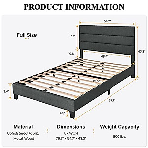 SHA CERLIN Full Platform Bed Frame with Upholstered Fabric Headboard, Mattress Foundation with Strong Wooden Slats Support, No Box Spring Needed, Grey