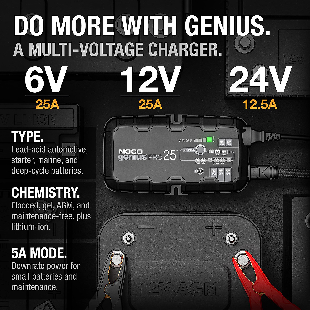 NOCO GENIUSPRO25, 25A Smart Car Battery Charger, 6V, 12V and 24V Portable Automotive Charger, Battery Maintainer, Trickle Charger and Desulfator for AGM, Lithium, Marine, Boat and Deep Cycle Batteries