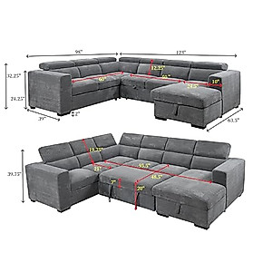 THSUPER Corduroy 123" Oversized U Shape Sectional Sleeper Sofa with Pull Out Bed, 7-Seats Sleeper Sectional Sofa with Storage Chaise and Adjustable Headrest for Living Room - Dark Grey