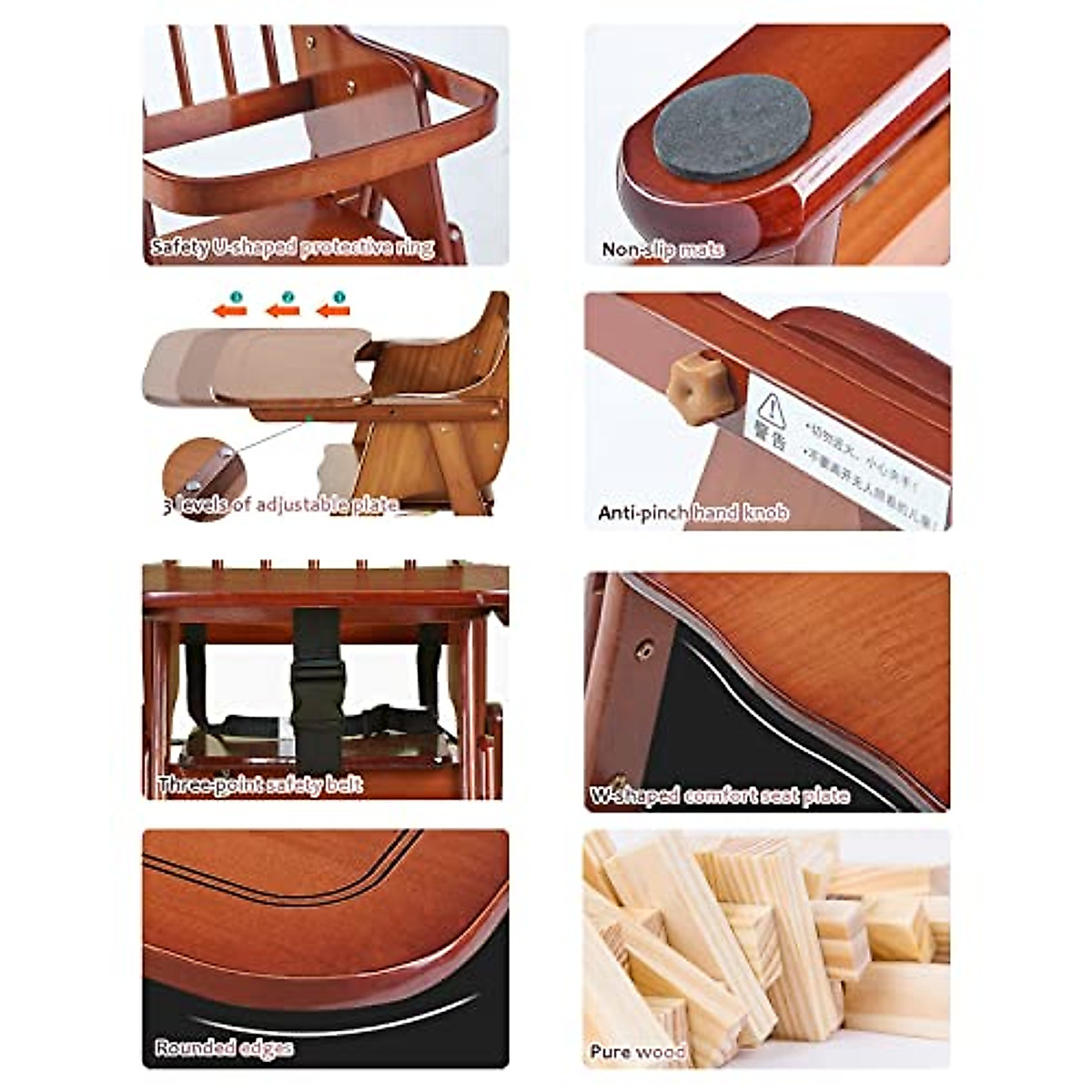 Wood High Chair with Tray, Baby Highchairs, Children High Stool Dining Chair for Babies and Toddlers Portable Kids Folding Chair with Safety Belt Adjustable Height (6 Months to 7 Years) (Color : A)