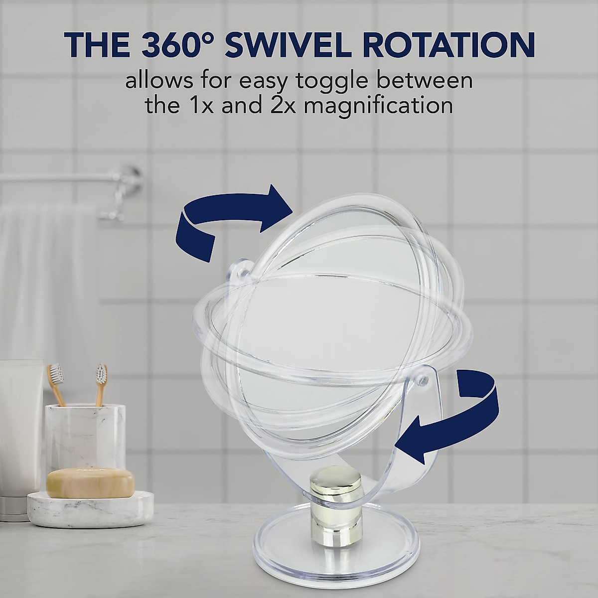 DecorRack 2 Sided Magnifying Mirror, 1x/2x Magnification, 6 Inch Makeup Mirror, Tabletop Vanity Mirror, Transparent