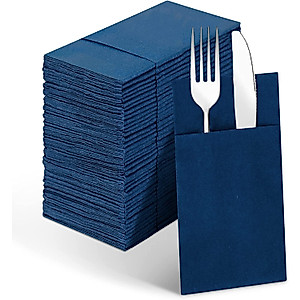 Linen-Feel Navy Blue Paper Napkins, 50 Pcs Cloth Like Dinner Napkins with Built-in Flatware Pocket, Pre-Folded Absorbent Napkins Disposable Guest Paper Hand Towels for Bathroom, Weddings Party Napkins