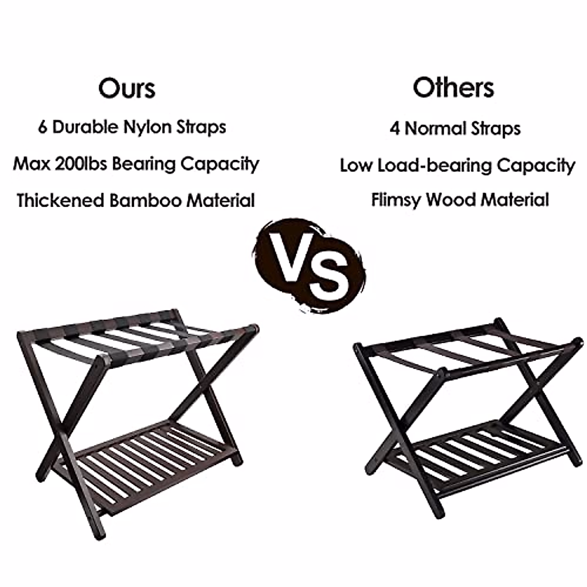 Purbambo Luggage Rack, Bamboo Folding Luggage Rack Suitcase Stand with Storage Shelf for Home Bedroom Guest Room - Brown