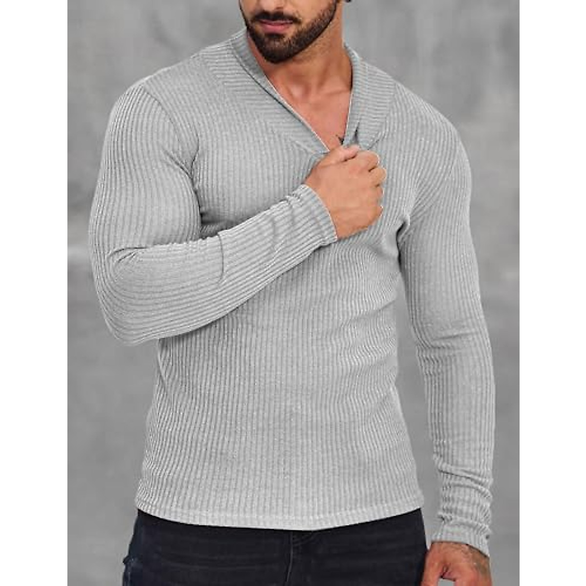 ZAFUL Mens Shawl Collar V Neck Sweater Shirts Lightweight Long Sleeve T Shirts Fitted Knitted Pullover Thermal Top Light Grey