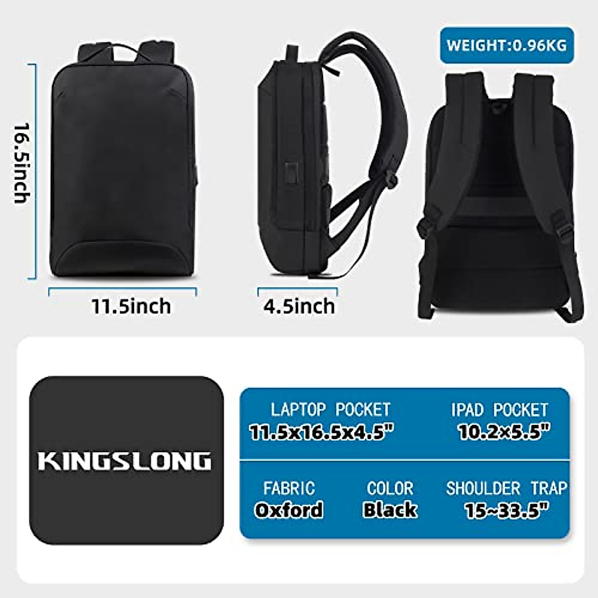 KINGSLONG 15.6-16 inch Slim Laptop Backpack for Men,Lightweight Waterproof Travel Computer Bag with USB Port Black