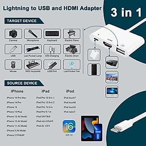 Unitrox HDMI Adapter, 3 in 1 USB Camera Adapter with 1080P Digital AV HDMI Adapter + Charging Splitter, Support USB Flash Drive, MIDI Keyboard, Mouse, Ethernet Adapter