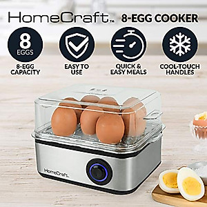 HomeCraft Premium Stainless Steel 8 Capacity Electric Large Hard-Boiled Egg Cooker Poached, Scrambled, Omelets, Whites, Sandwiches, for Keto & Low-Carb Diets, Vegetable Steamer, with Buzzer
