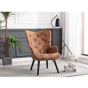 Brown Leather Accent Chairs Set of 2 for Living Room- Mid-Century Modern Comfy Reading Chair for Bedroom Adults Armchairs Sillones para Sala Sofa Tall Wingback Arm Chairs Microfiber Cushioned