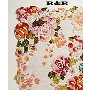 Restoration and Renovation Handmade Pink & Red Yellow Roses Irregular Shape and Oval Shape Multicoloured Floral Wool Area for Living Room, Dining Room and Kitchen Rug (Ivory, 10X8 FT)