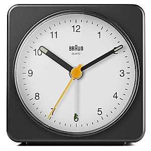 Braun Classic Analogue Alarm Clock with Snooze and Light, Quiet Quartz Sweeping Movement, Crescendo Beep Alarm in Black and White, Model BC03BW.