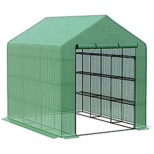 Outsunny 8' x 6' x 7' Portable Greenhouse 4-Tier Walk in Greenhouse with Roll Up Zipper Door for Flower Herb Vegetable