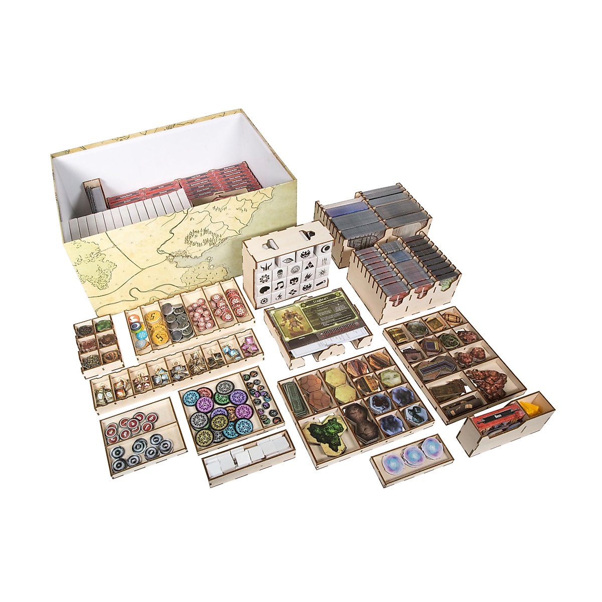 The Broken Token Game Organizer Compatible with Gloomhaven - Wooden Game Organizing Box with Multiple Trays and Dividers