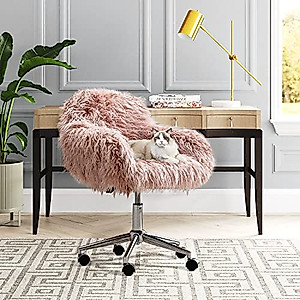 DKLGG Fluffy Office Desk Chair, Faux Fur Modern Desk Chairs with Wheels Upholstered Seat, Vanity Accent Height Adjustable Swivel Furniture for Home Living Dressing Room/Makeup/Teen Girls Bedroom, Pink