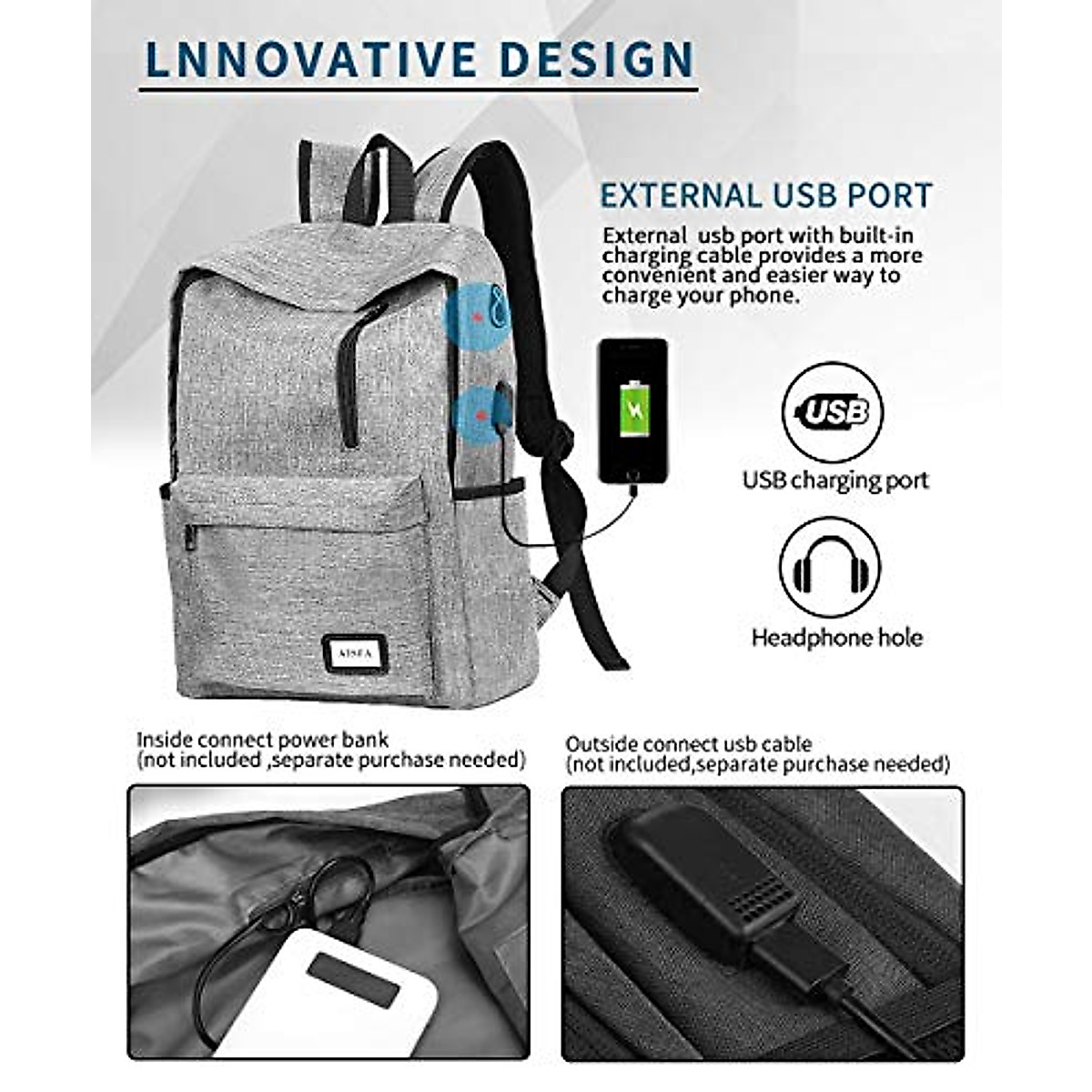 AISFA Laptop Backpack Travel Business Waterproof Backpack with USB Charging Port, Suitable for Travel, Camping, School, Business (Black)