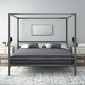 DHP Modern Metal Canopy Platform Bed with Minimalist Headboard and Four Poster Design, Underbed Storage Space, No Box Spring Needed, King, Gunmetal Gray