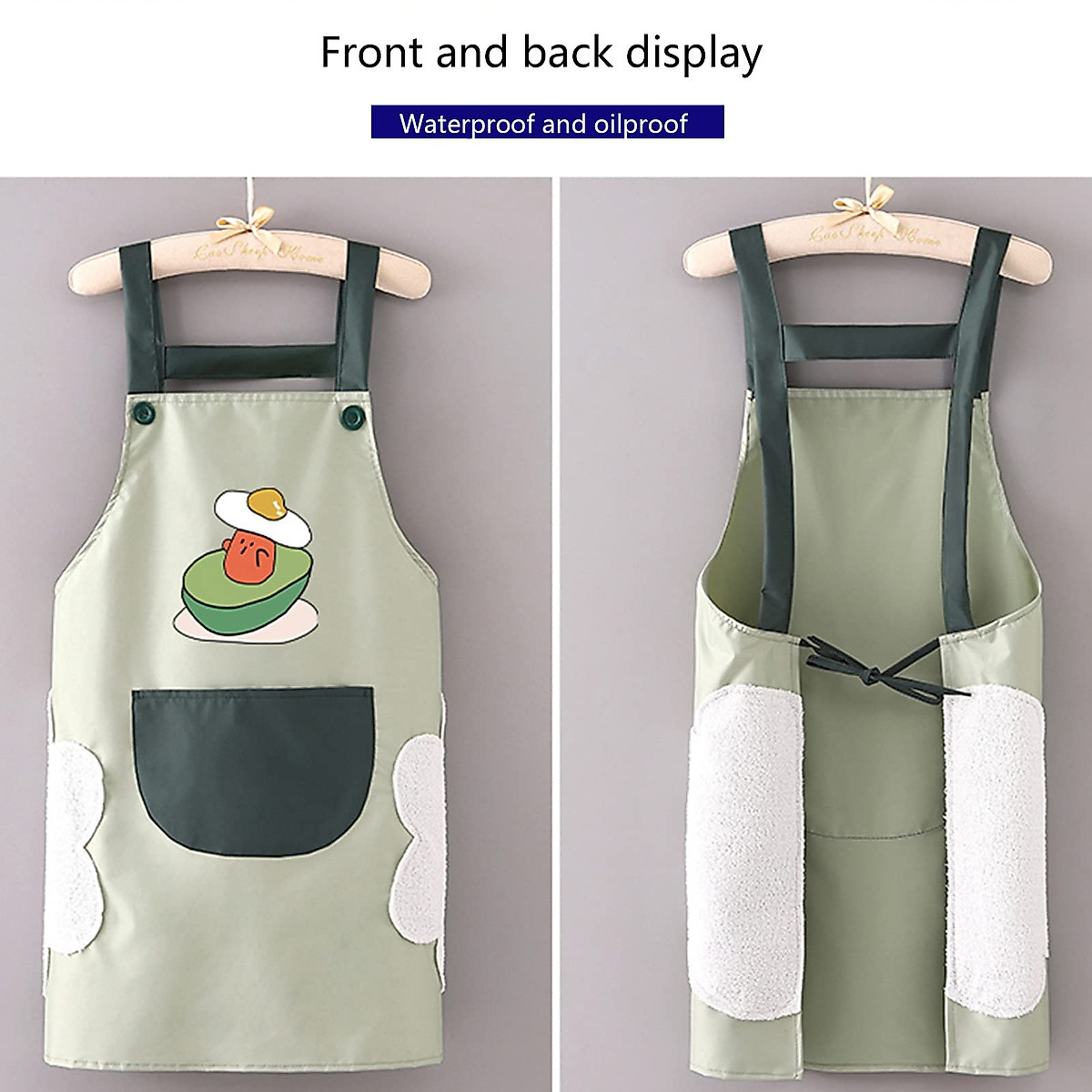 2 Pack Kitchen Cooking Aprons, Waterproof Bib with Large Pockets Hand Wipe Aprons，Adjustable Bib Soft Chef Apron，for Women Men Chef Coveralls Crafting BBQ (Lemon Blue Egg Green Grey)
