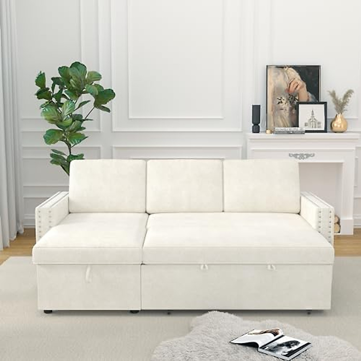 FANYE 85" W L-Shaped Reversible Sleeper Sectional Sofa Chenille Button Tufted Upholstered Corner Convertible Sofabed W/Pull Out Couch Bed and Storage Chaise, Nailhead Decor for Living Room