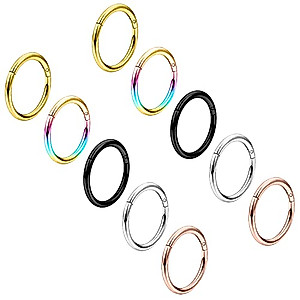 Vsnnsns 16G Stainless Steel Hinged Segment Clicker Nose Rings Hoops Septum Jewelry Lip Ring Hoop Cartilage Tragus Conch Helix Rook Hoop Earrings Piercing Jewelry for Women Men 10MM Mix Colro 16 Gauge