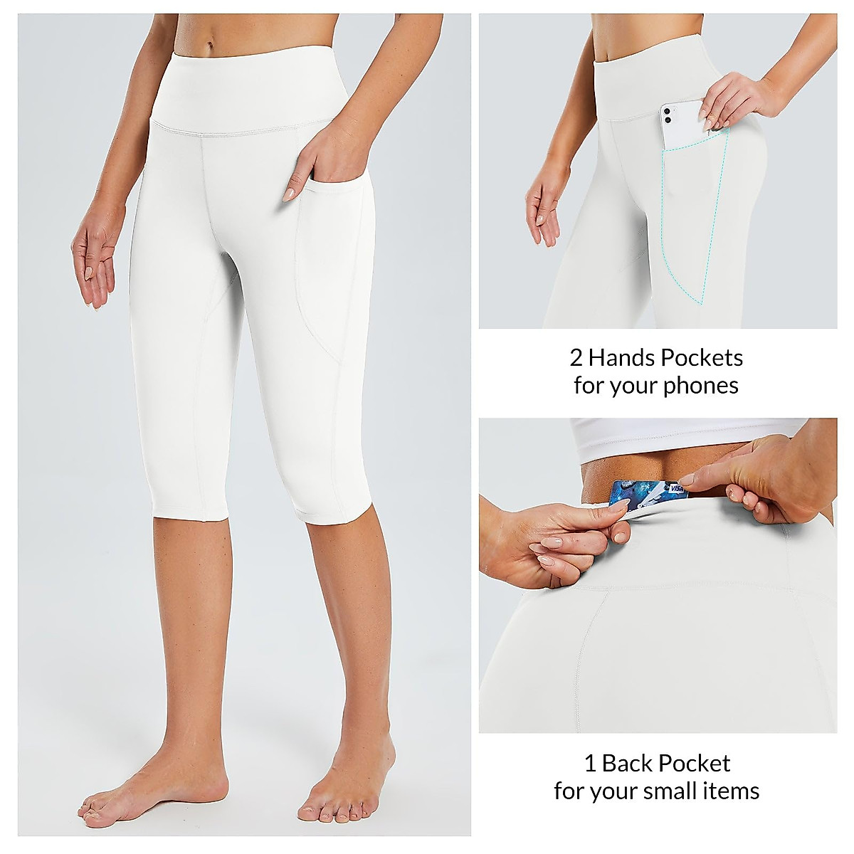baleaf Women's High Waisted Capris Casual Summer Knee Length Leggings Petite Yoga Casual Workout Exercise Capris with Pockets White XL