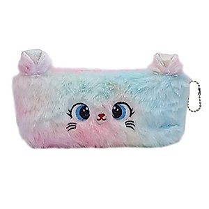 Plush Cat Pencil Case Cute Gradient Colorful Pen Bag Soft Makeup Pouch Coin Purse Storage Stuffed Animal Bag for Women Girls Daughter School Office