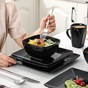 vancasso, Series SOHO, Stoneware Square Dinner Set Black 16 Piece Kitchen Dinnerware Service Plate Crockery Set with 16-Piece Dinner Plates, Dessert Plate,Bowls and Mugs, Service for 4