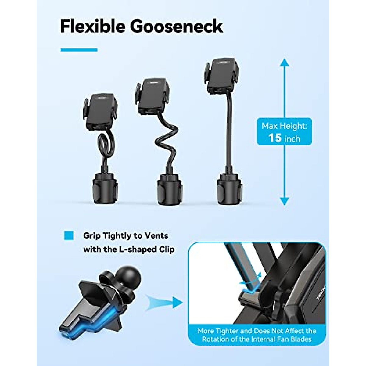 TECKNET Cup Holder Phone Mount for Car - Vent Clip with Cars, Trucks - Adjustable Gooseneck Cradles - Compatible with iPhone, Samsung, Google and Other 4''-7'' Cell Phones