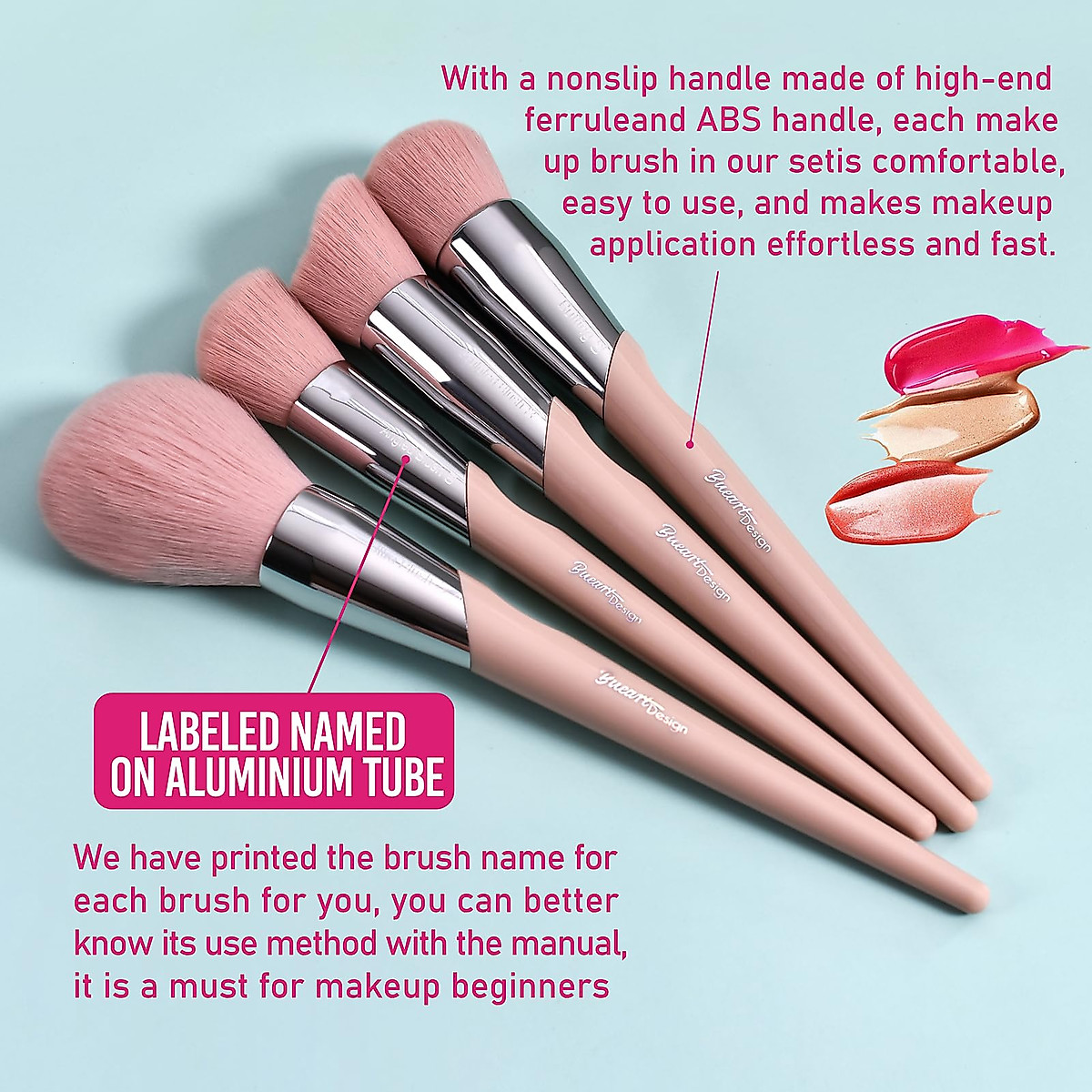 Bueart Design 16Pcs ULTRA SOFT Labeled Pro Makeup Brushes Set with Foundations Powder Blush Concealer Blending Eyeshadow Contour Brush (16Pcs Elegant Pink)