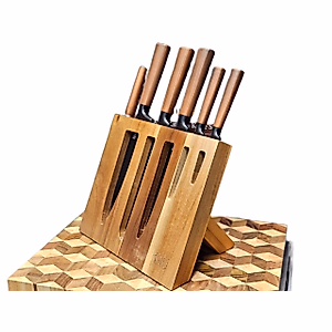 Knife Set with Block, KAV 7pc Kitchen Knives and Sharpening Rod, Stainless Steel Knife Set in High Carbon Matte Black, Chef's Slicing Bread Utility Knifes, Modern Wooden Block Open Face