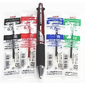 uni JETSTREAM 4&1 Red, Green, Blue, and Black 0.7mm Ballpoint Multi Pen + 0.5mm Mechanical Pencil + 4 SXR-80-07 Ink Refills (Red)