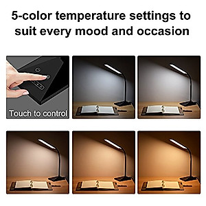 VICFUN LED Desk Lamp, 5 Color Modes with 7 Levels of Brightness, Eye-Caring Dimmable Table Lamp Office Lamp with USB Charging Port, Touch Control Sensitive Dimmable 12W Black