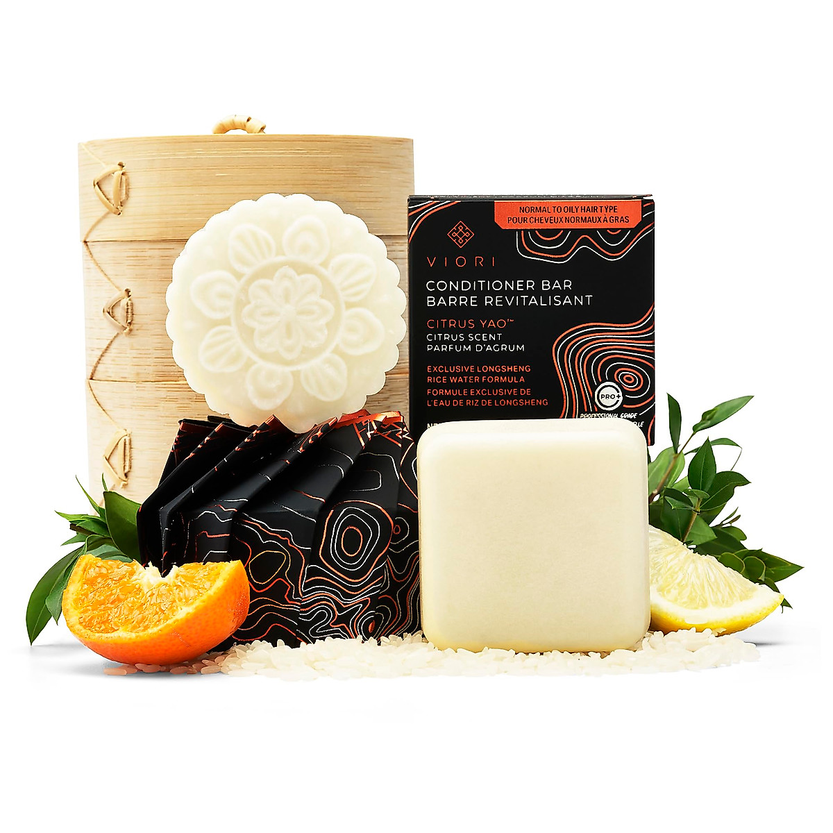 Viori The Foundation Bundle - Citrus Yao Shampoo and Conditioner Set with Bamboo Holder - Rice Water Shampoo Bar and Conditioner Bar - Sulfate-Free, Vegan and Organic - Best for Normal to Oily Hair