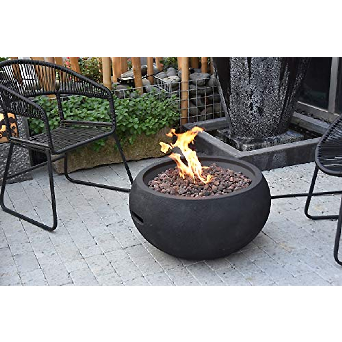 Modeno Outdoor York Fire Pit Table Grey Durable Round Fire Bowl Glass Fiber Reinforced Concrete Propane Patio Fire Place 27 Inches Electronic Ignition Cover and Lava Rock Included