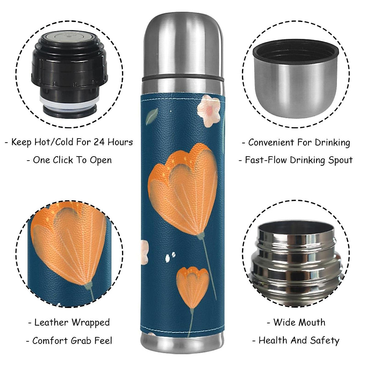 Stainless Steel Leather Vacuum Insulated Mug Flower Thermos Water Bottle for Hot and Cold Drinks Kids Adults 16 Oz