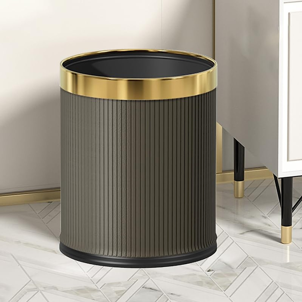 10L/2.6GAL Bathroom trash can without lid,Metal Waste Bin with Leather Cover,Open Top Office Wastebasket, Round Garbage Can for Bathrooms, Powder Rooms, Kitchens, Home, Office and and High-End Hotel