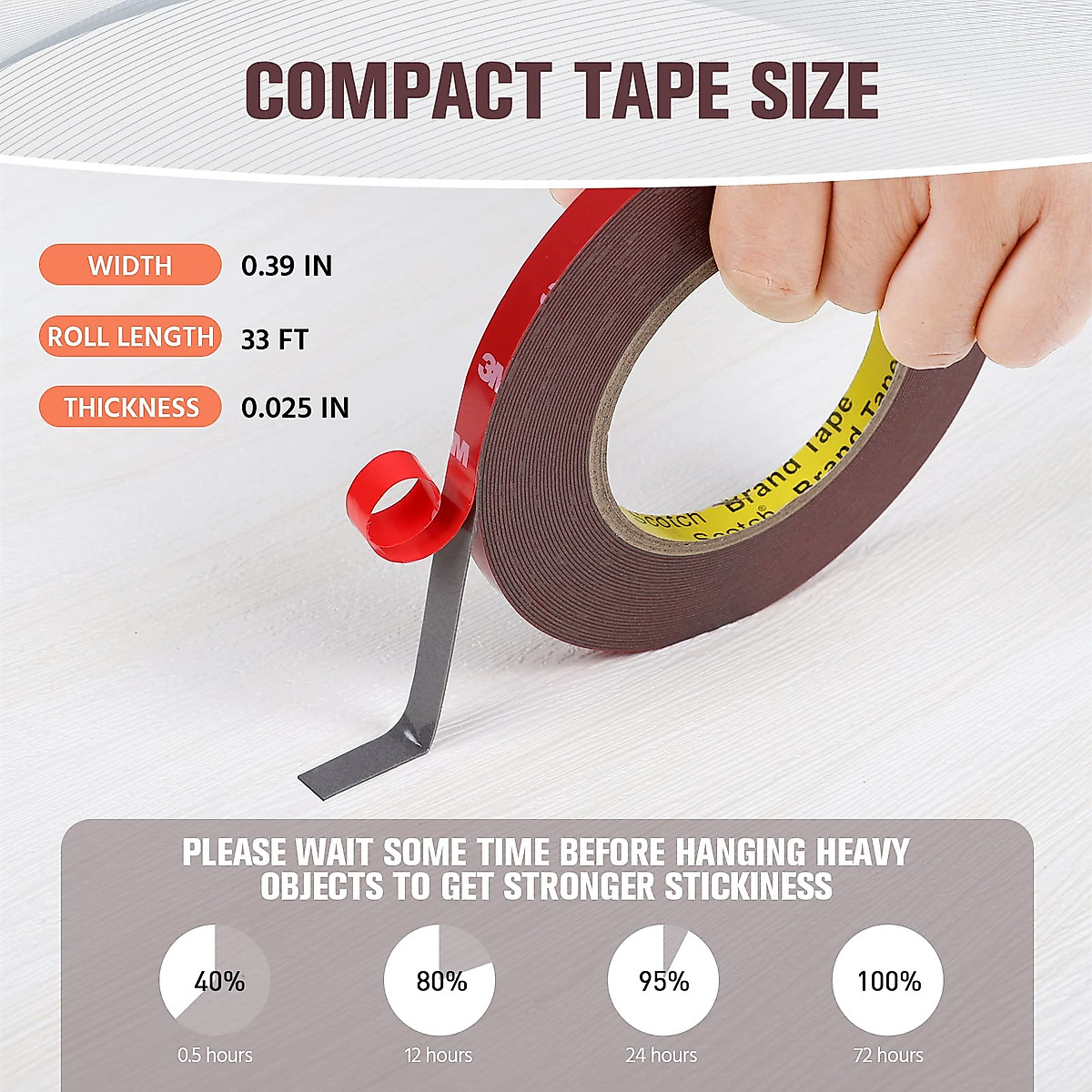 Double Sided Tape, Heavy Duty Mounting Tape Waterproof Foam Tape, 33FT Length, 0.39IN Width for LED Strip Lights, Home Decor, Office Decor, Made of 3M VHB Tape