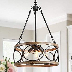 KSANA Farmhouse Drum Chandelier, Modern Faux Wood Light Fixture for Dining Rooms, Living Room, Bedroom and Foyer