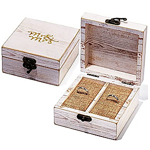 Wood Ring Box for Wedding Valentine's Day Ceremony Wooden Ring Bearer Holder Rustic Mr. & Mrs Decorative Ring Holder Boxes for Marriage Rings and Couple Jewelry
