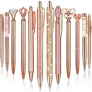 Estune 12 Pcs Diamond Pens Metal Liquid Sand Glitter Ballpoint Pen Set Girly Crystal Pen Women Ballpoint Pens Black Ink Ball Point Pen Gifts for Office School Wedding Party Desk Supplies (Rose Gold)