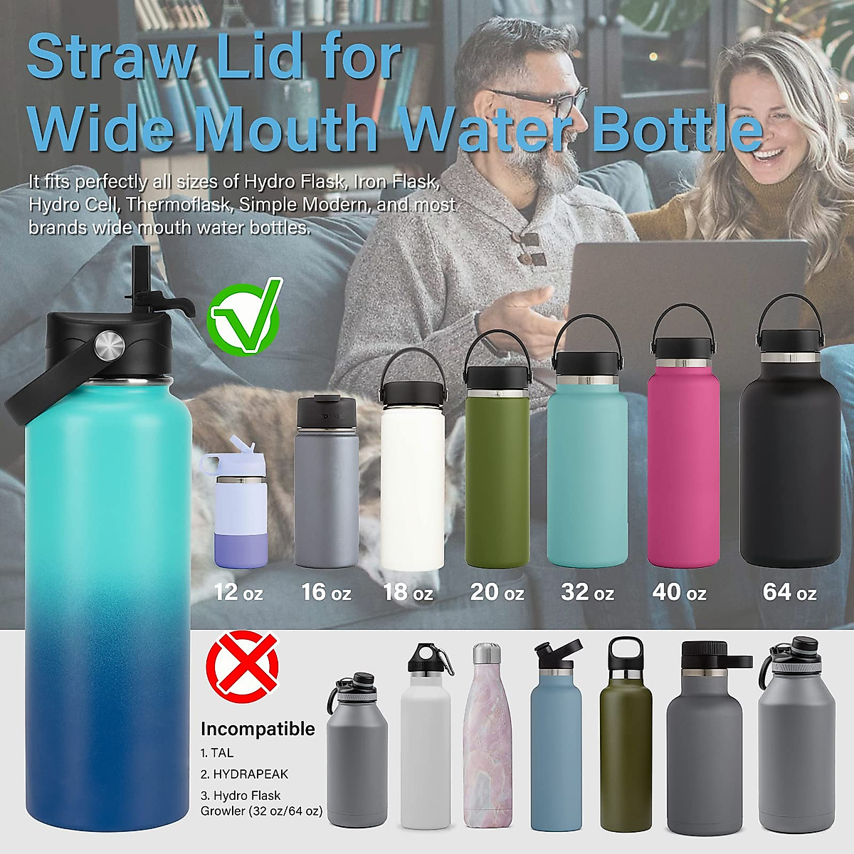 EIPOSAU Straw Lid for Hydro Flask Wide Mouth 12 18 20 32 40 64oz, Lids with Straw Fit for Hydro Flask Sports Water Bottles with Dust Cover, Flexible Handle Replacement Lid Straws Cap Top Accessories