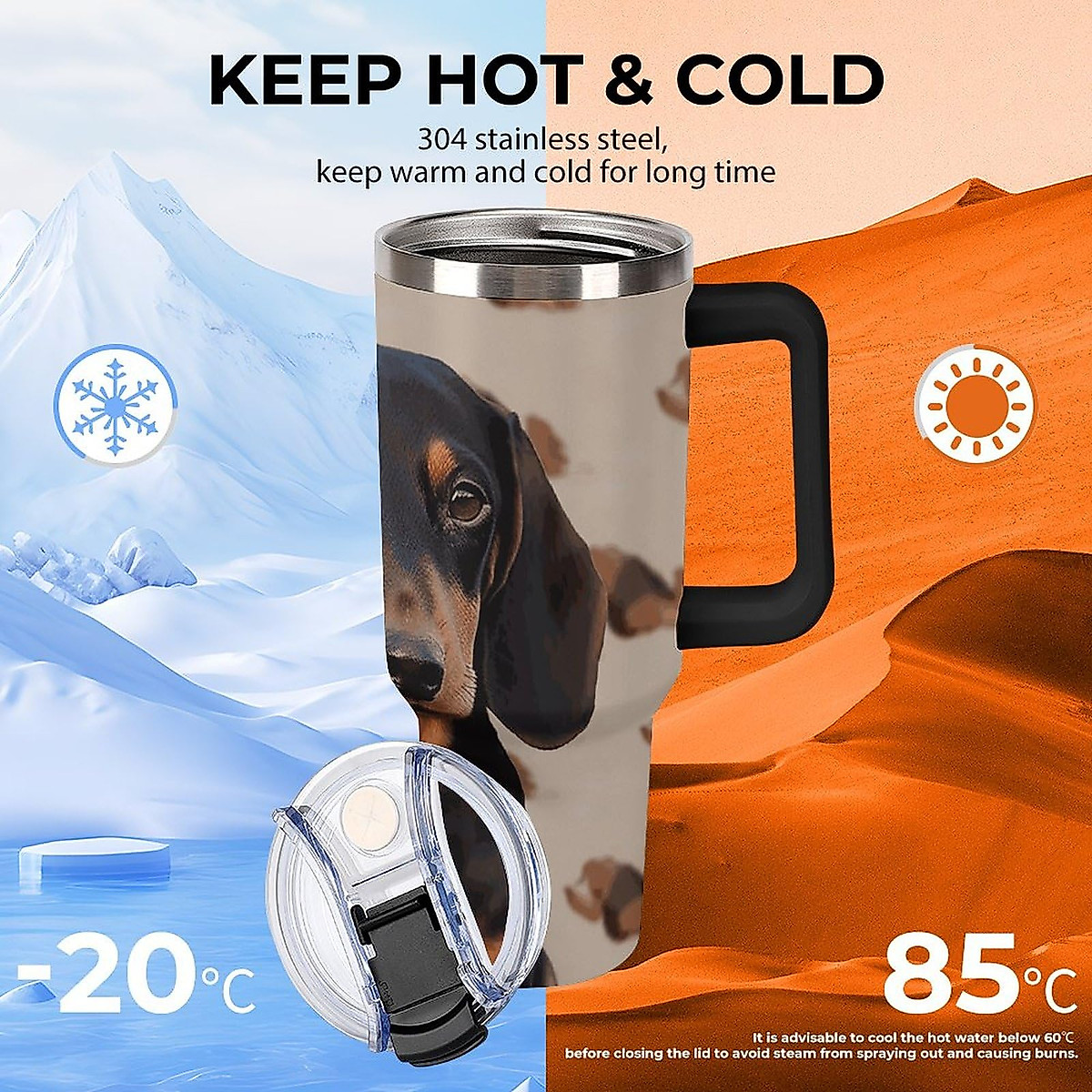 LLUTSNTH 40 Oz Vacuum Tumbler with Black Handle Leakproof Insulated Tumbler Dachshund Dog Stainless Steel Travel Mug with Lid And Straw Coffee Cup Cute Water Bottles Cup Holder Friendly