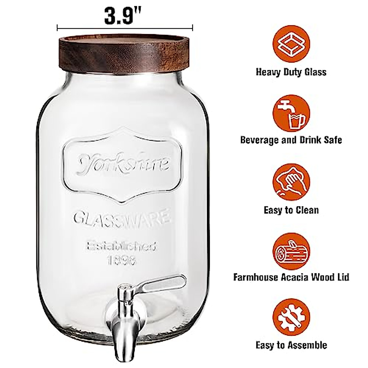 Mustry Glass Drink Dispenser for Parties, 1 Gallon Beverage Dispenser with Spigot Solid Stainless Steel, Used as Lemonade Dispenser Sun Tea Jar Kombucha Jar