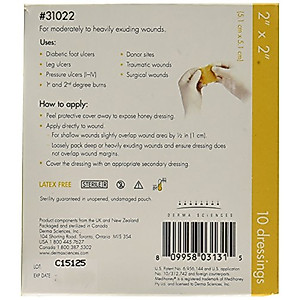 Derma Sciences 31022 Medihoney Calcium Alginate Dressing, 2" Width x 2" Length (Pack of 10)