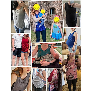 Ekouaer Nursing Maternity Top Pregnant Breastfeeding Shirt Women's Cotton Round Neck Ruched Waist Double Layered Summer Tank Black M