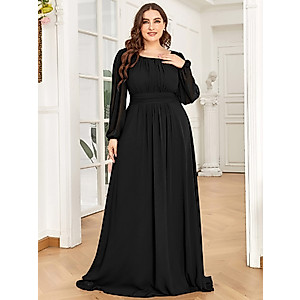 Ever-Pretty Women's Round Neck Long Lantern Sleeves Chiffon Pleated Long Evening Gown Plus Size Formal Dress Black US22