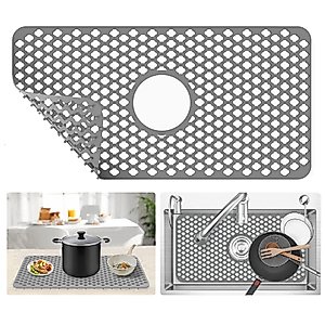 Silicone sink protectors for Kitchen with Center Drain, Grey Grid Accessory Non-slip Heat Resistant Folding mats Grates for Bottom, for Farmhouse Stainless Steel Porcelain Sink (24.8"x 12.9")