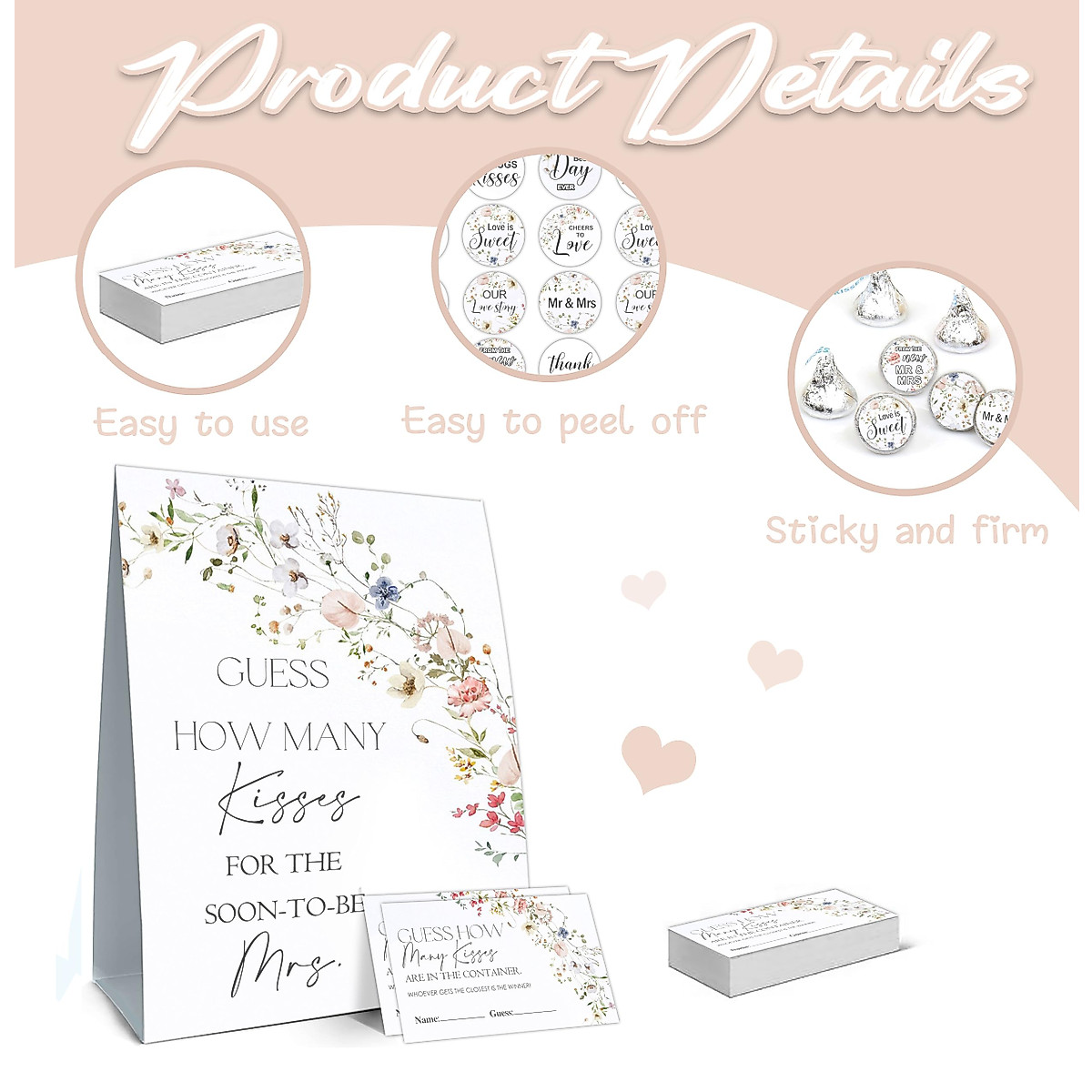 How Many Kisses Bridal Shower Games, How Many Kisses Standing Sign 50 Guessing Cards 180 Bridal Shower Kisses Stickers, How Many Kisses Flowers Bridal Shower Game Set for Bridal Shower and Weddings