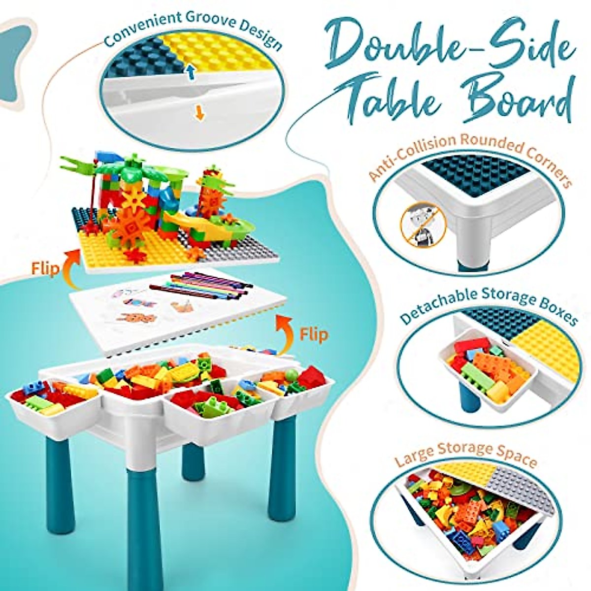 ROGALALY Kids Activity Table Set, All-in-One Multi Activity Table with Storage, 105pcs Building Blocks Table Compatible with Classic Bricks, Craft Learn Play Water Sand Table for Boys Girls