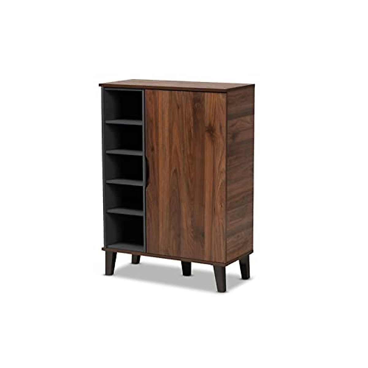 Baxton Studio Idina Mid-Century Modern Two-Tone Walnut Brown and Grey Finished Wood 1-Door Shoe Cabinet