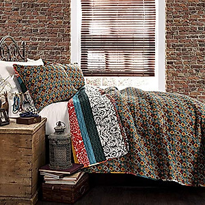 Lush Decor Boho Stripe Quilt Reversible 3 Piece Bohemian Design Bedding Set, Full/Queen, Turquoise & Tangerine